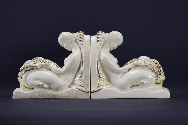 Art Deco Pair of Mermaid Bookends by LEJAN Orchies White Ceramic ...